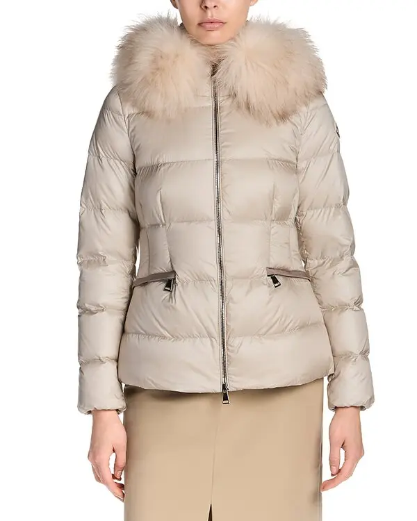 Moncler Boed Belted Down Jacket With Shearling Hood Trim - Miscellaneous