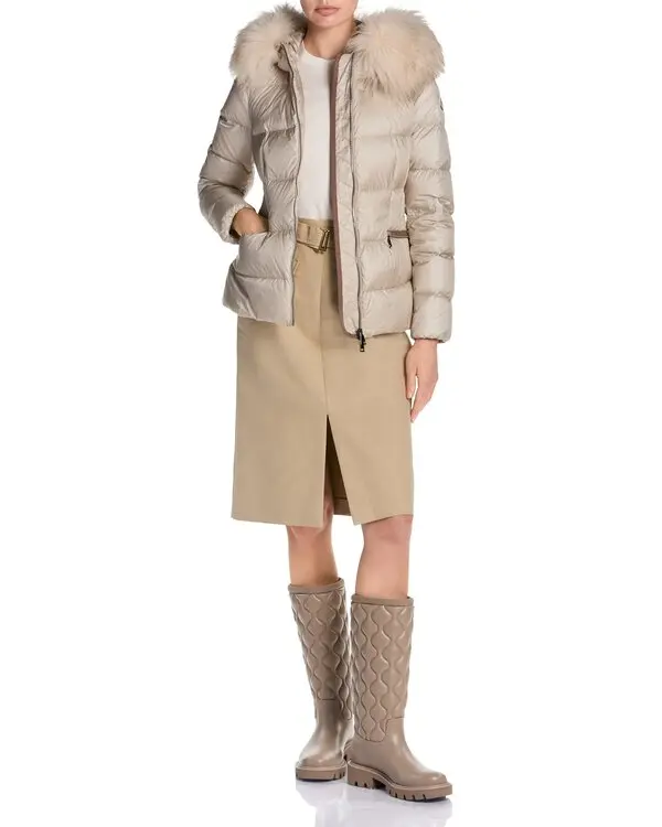 Moncler Boed Belted Down Jacket With Shearling Hood Trim - Miscellaneous
