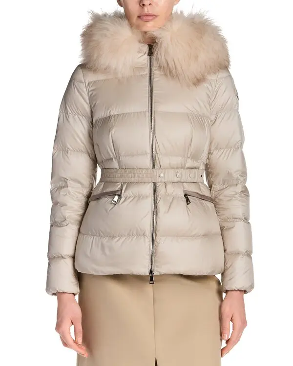 Moncler Boed Belted Down Jacket With Shearling Hood Trim - Miscellaneous