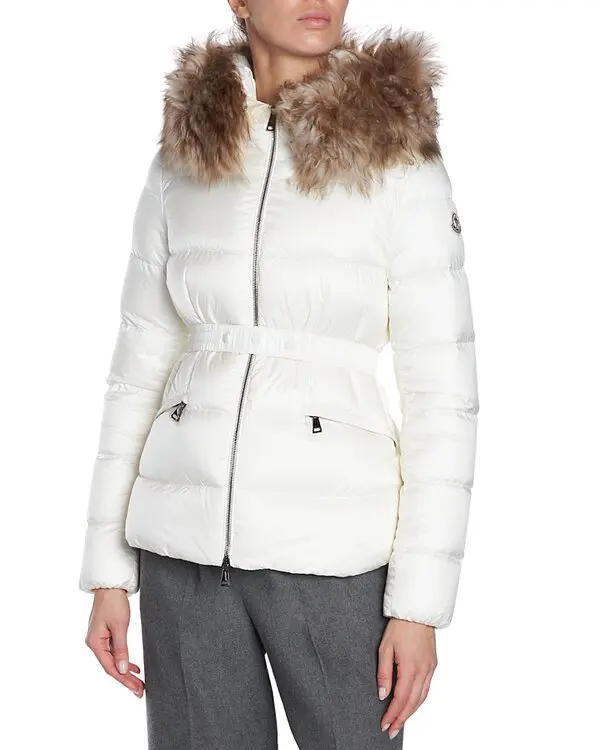 Moncler Boed Belted Down Jacket With Shearling Hood Trim - Silk White
