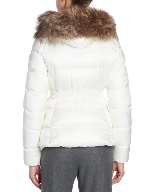 Moncler Boed Belted Down Jacket With Shearling Hood Trim - Silk White