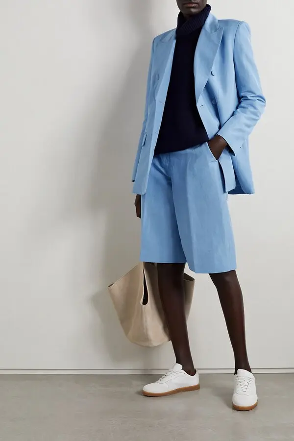 Lafayette 148 New York Trinity Double-breasted Silk And Linen-blend Blazer - Light Blue