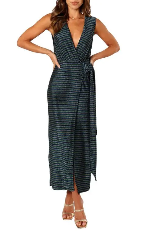 PETAL & PUP Tahlia Metallic Stripe Wrap Midi Dress