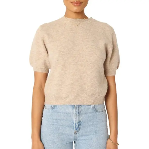 PETAL & PUP Noah Puff Sleeve Sweater - Medium Beige