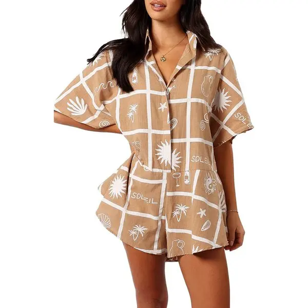 PETAL & PUP Sebastian Cotton Romper - Tan Soleil Print
