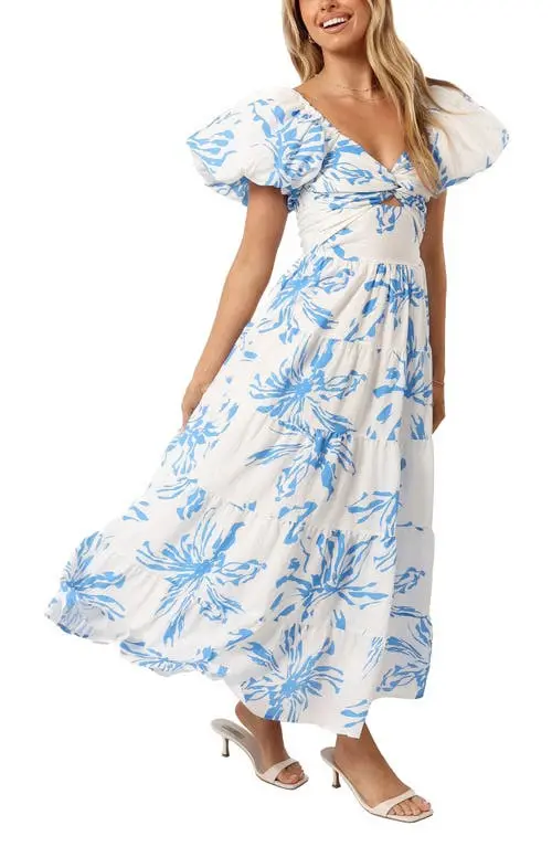 Petal & Pup Dominique Puff Sleeve Tiered Midi Dress - Blue Floral Print |  Editorialist