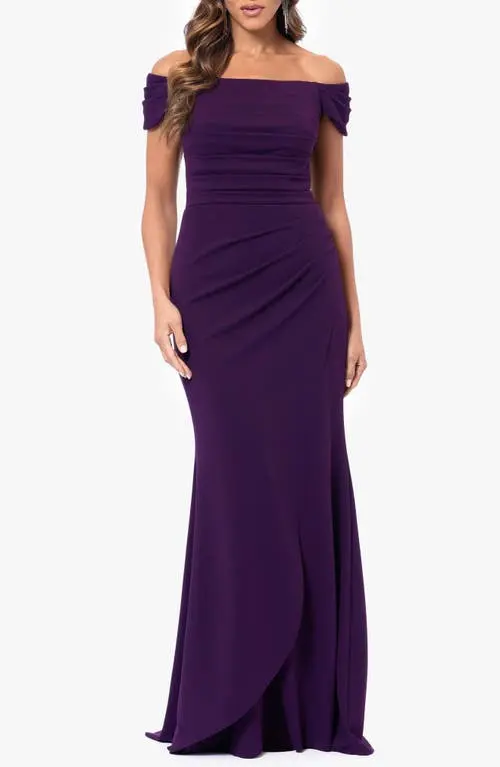 XSCAPE EVENINGS Ruched Off-the-shoulder Trumpet Gown - Mulberry