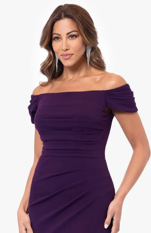 XSCAPE EVENINGS Ruched Off-the-shoulder Trumpet Gown - Mulberry