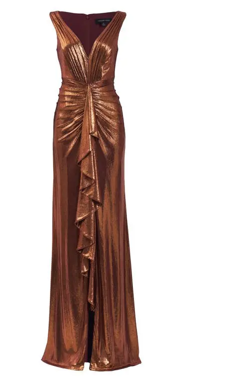 Tadashi Shoji V-Neck Metallic Gown - Copper