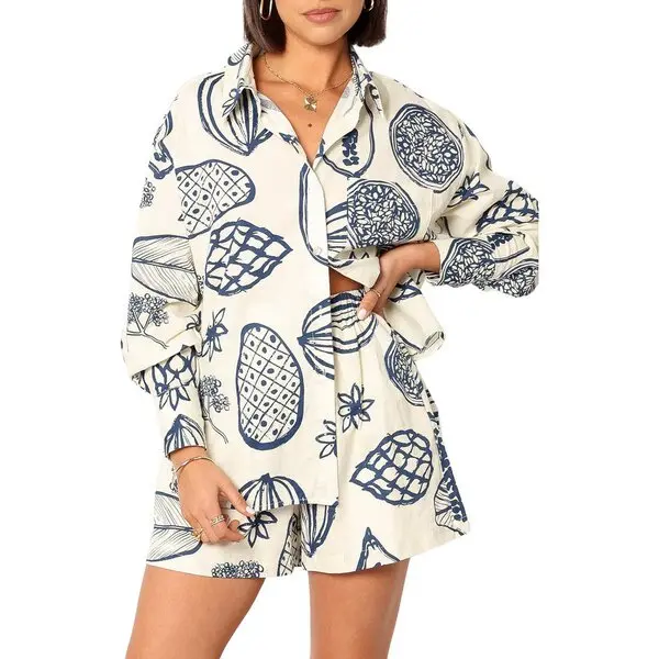 PETAL & PUP Bonnie Cotton & Linen Button-up Shirt & Shorts Set - Navy