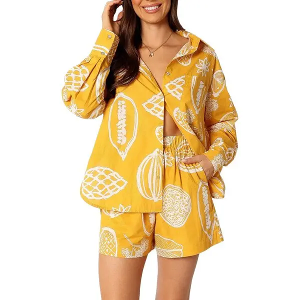 PETAL & PUP Bonnie Cotton & Linen Button-up Shirt & Shorts Set - Yellow