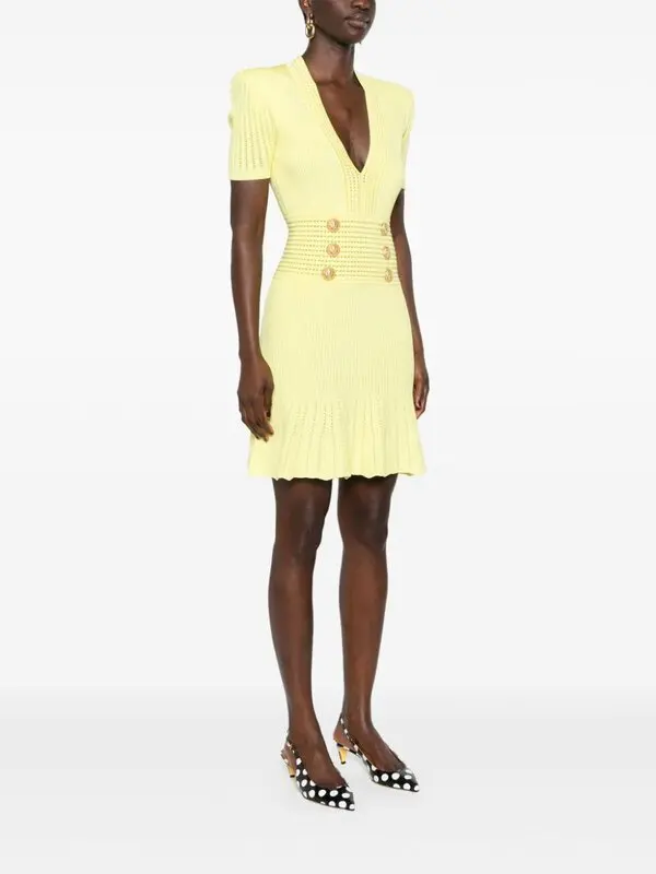 Balmain Button-Embellished Knitted Mini Dress - Yellow