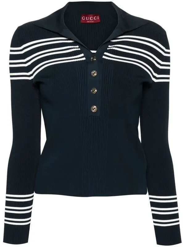 Gucci Striped Ribbed-knit Polo Top