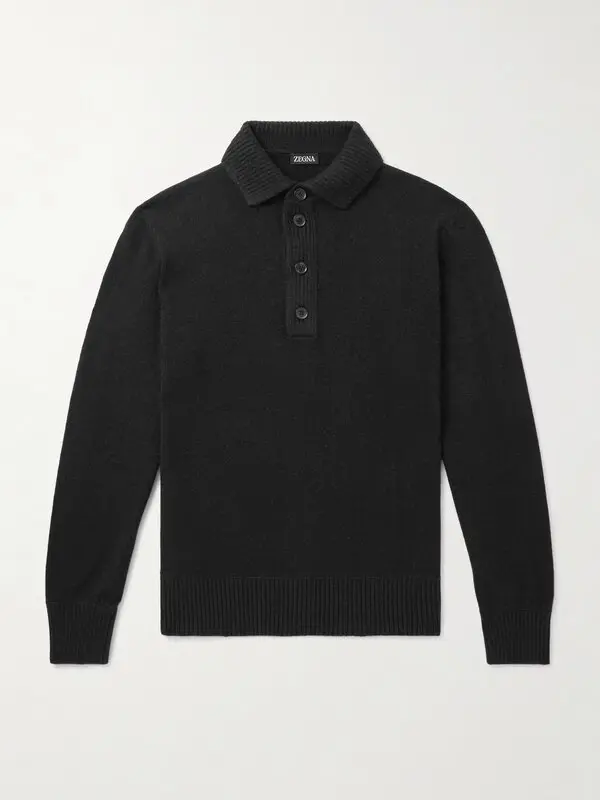 Zegna Slim-fit Wool And Cashmere-blend Polo Shirt - Black