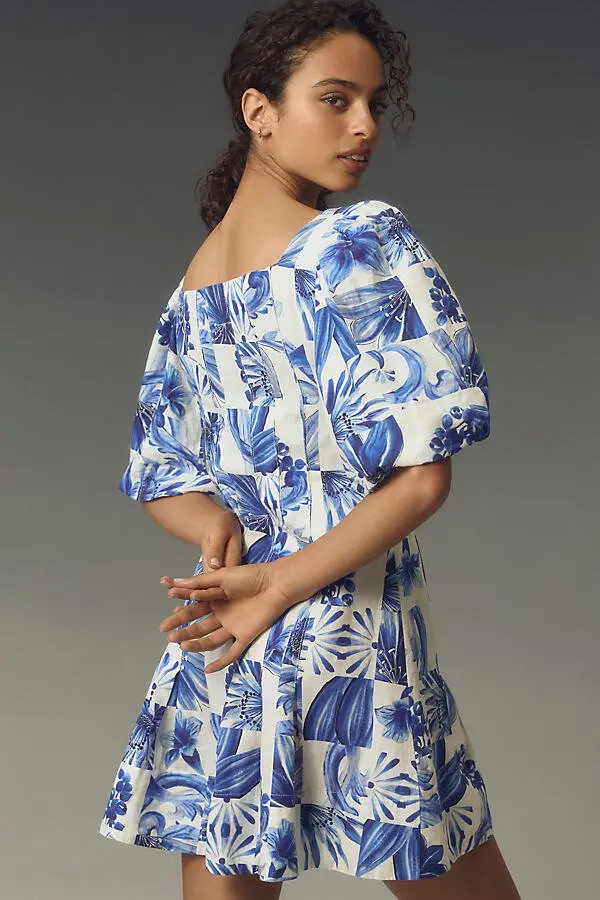 knee length dresses for ladies Blue Tile Dream Short Sleeve Mini Dress  FARM Rio