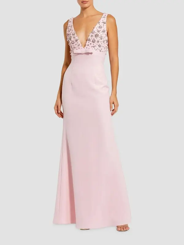 Mac Duggal Crêpe Floral Beaded Bow A-line Gown - Blush