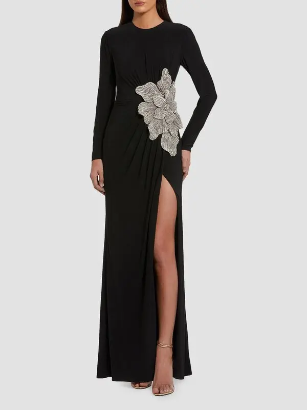 Mac Duggal Jersey Beaded Floral Long-sleeve Gown