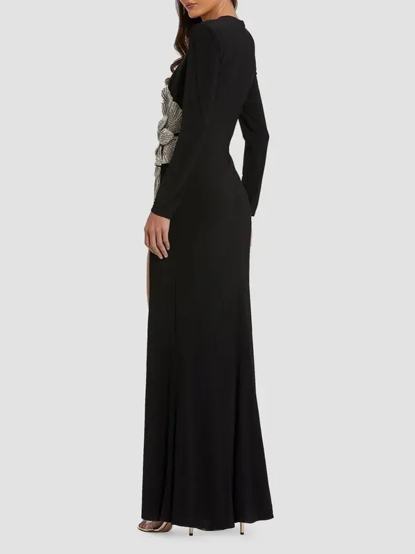 Mac Duggal Jersey Beaded Floral Long-sleeve Gown
