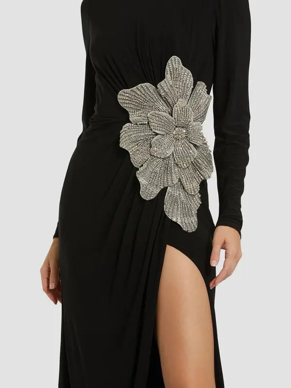 Mac Duggal Jersey Beaded Floral Long-sleeve Gown