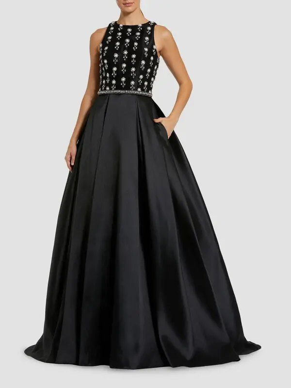 Mac Duggal Floral Beaded Satin Ballgown - Black