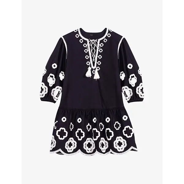 Maje Clovers-Guipure Embroidered Cotton Tunic Mini Dress 10 - Noir / Gris |  Editorialist
