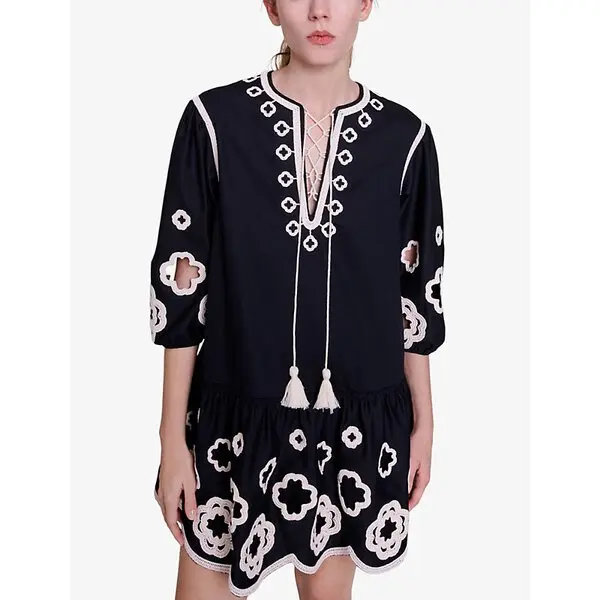 Maje Clovers-Guipure Embroidered Cotton Tunic Mini Dress 10 - Noir / Gris |  Editorialist