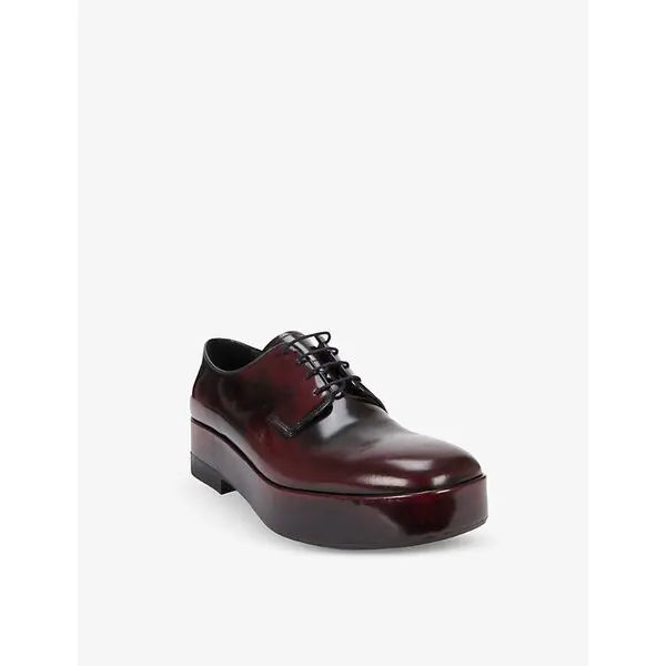 Prada Brushed Laced Leather Derby Shoes - Garnet