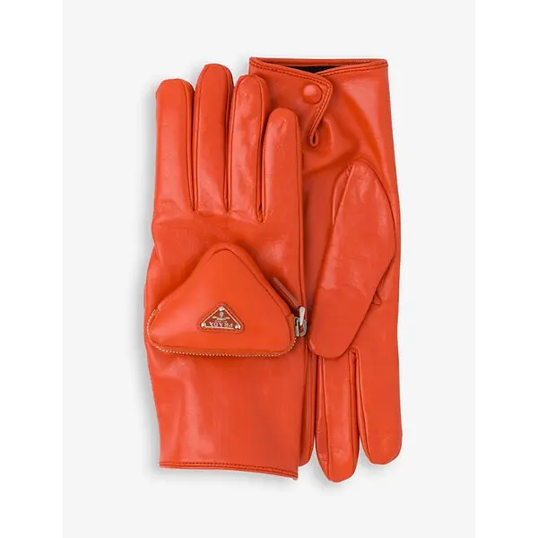 Prada Pouch-embellished Leather Gloves - Orange