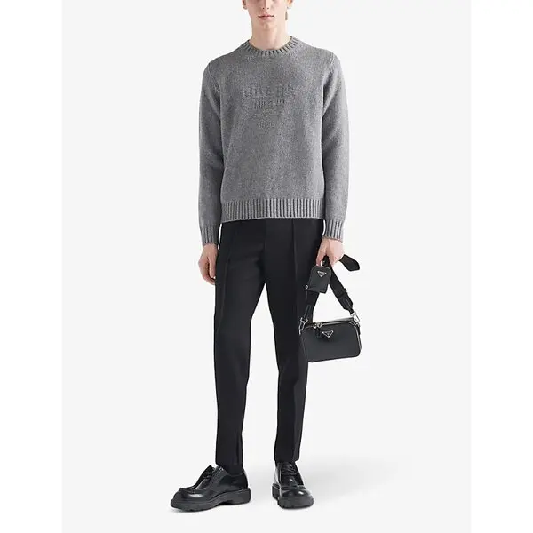 Prada Brand-embroidered Crewneck Wool And Cashmere-blend Jumper - Grey