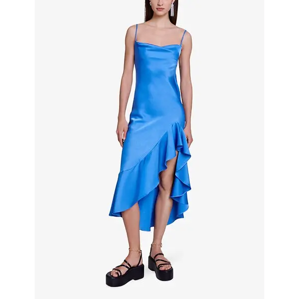 Maje Ruffle-Trim Asymmetric-Hem Satin Midi Dress In Bleus - 19% Off |  Editorialist