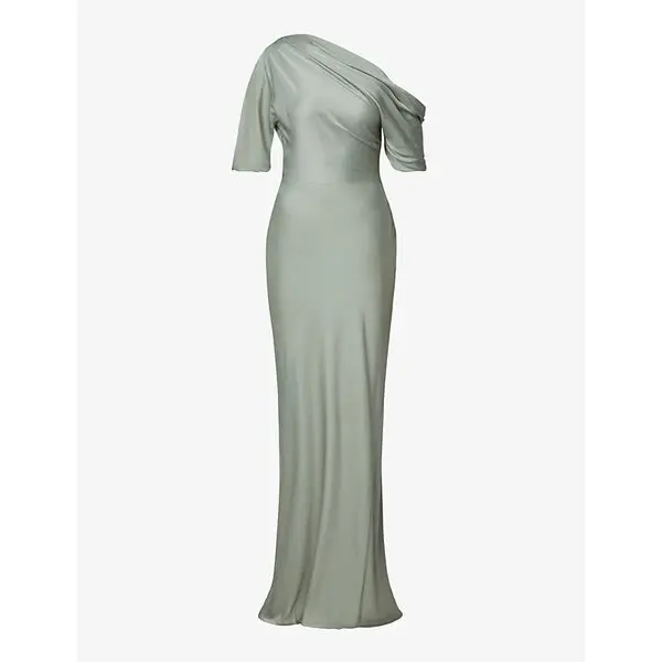 MALINA Marisa Asymmetric-neck Draped Satin Maxi Dress - Sage