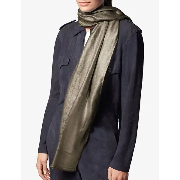 BVLGARI Lettere Maxi Logo-print Silk And Wool-blend Scarf - Gold Bronze