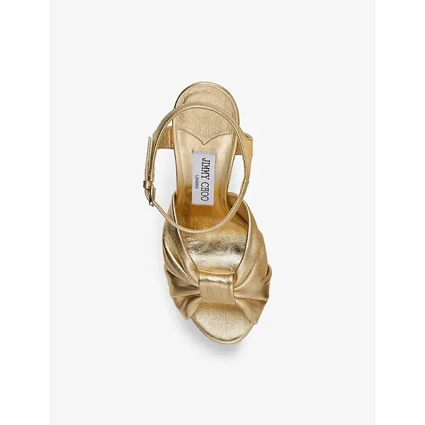 JIMMY CHOO Heloise 120 Bow-embellished Leather Platform-heeled Sandals - Gold