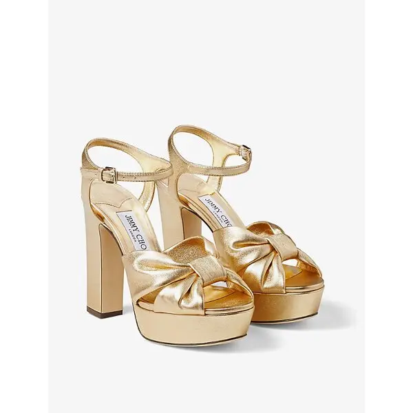JIMMY CHOO Heloise 120 Bow-embellished Leather Platform-heeled Sandals - Gold