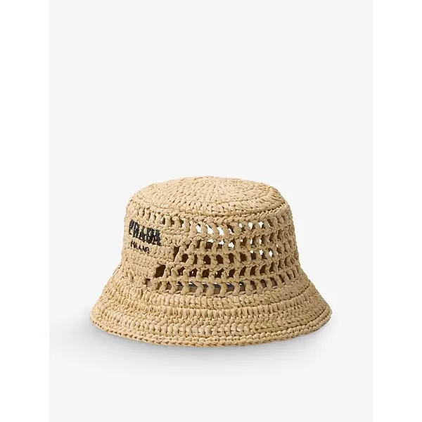 Prada Embroidered Lettered-logo Crochet Bucket Hat - Neutral