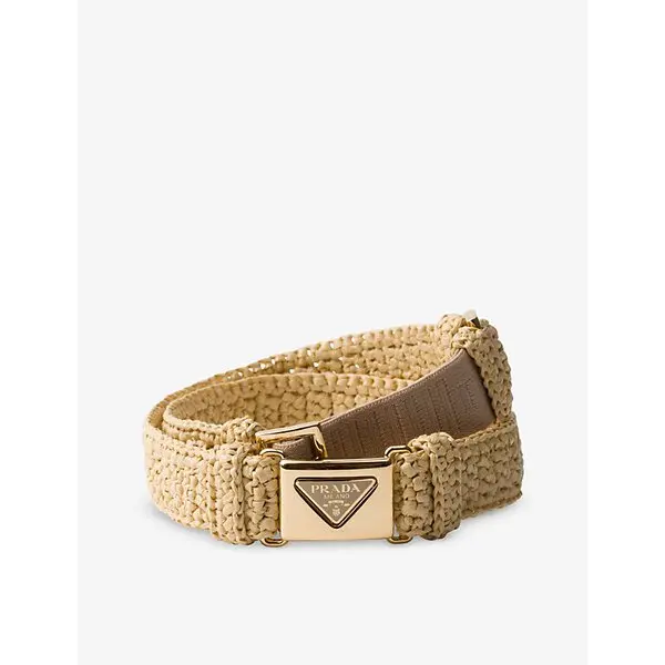 Prada Triangle-buckle Raffia-effect Belt - Neutral