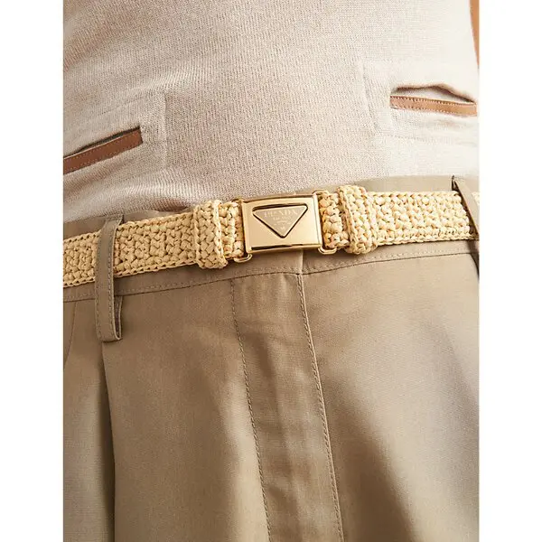 Prada Triangle-buckle Raffia-effect Woven Belt - Neutral