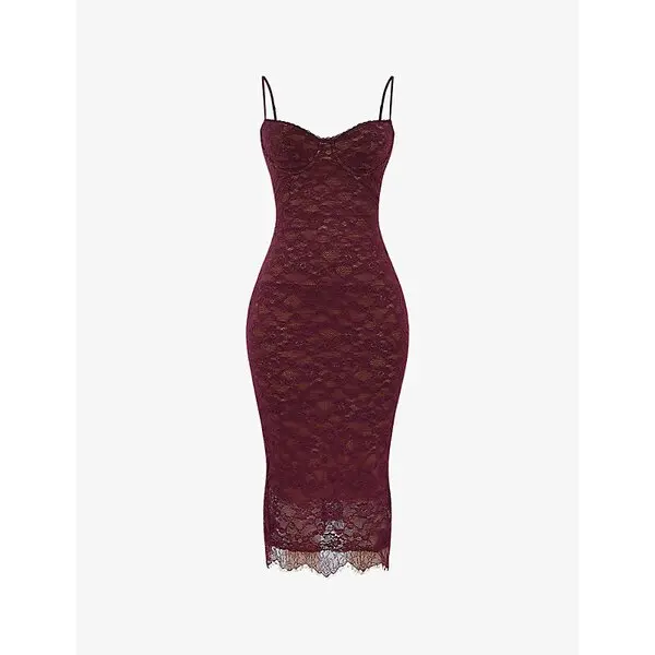 House Of Cb Melina Floral Stretch-lace Midi Dress - Mulberry