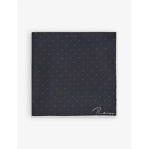 REISS Liam Polka-dot Logo-print Silk Pocket Square - Navy
