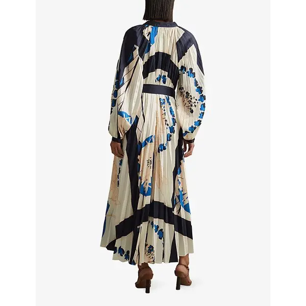 reiss daiya pleated maxi dress Reiss Daiya Graphic-Print Pleated Woven Maxi Dress In Blue - 50% Off