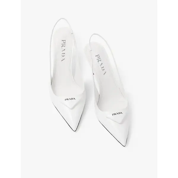 Prada Logo-plaque Slingback Heeled Leather Pumps - White