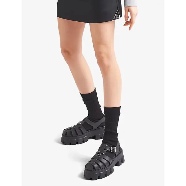 Prada Monolith Logo-plaque Caged Chunky-sole Rubber Sandals - Black