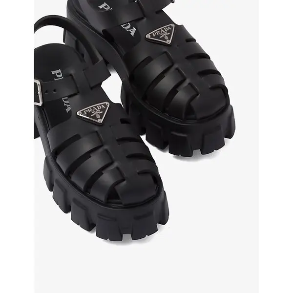 Prada Monolith Logo-plaque Caged Chunky-sole Rubber Sandals - Black