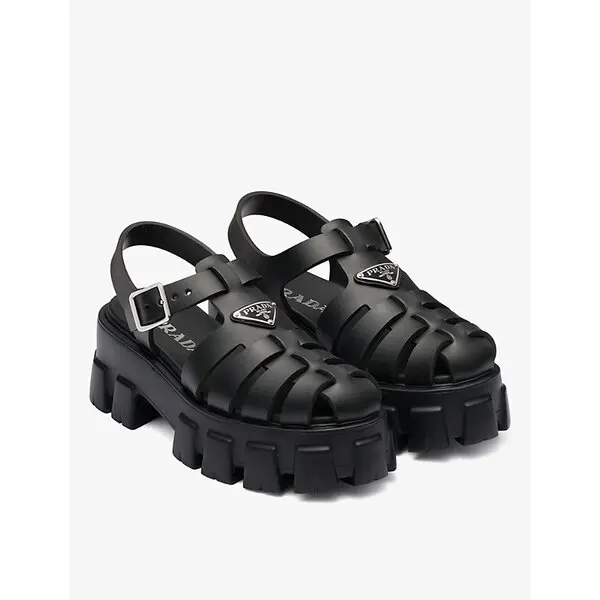 Prada Monolith Logo-plaque Caged Chunky-sole Rubber Sandals - Black
