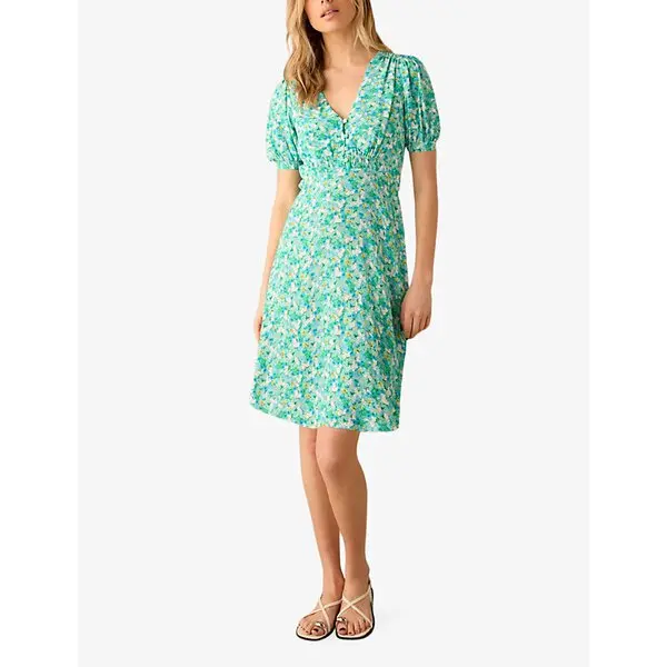 Ro&Zo Ditsy-Print Shirred Crepe Mini Dress In Green - 38% Off | Editorialist