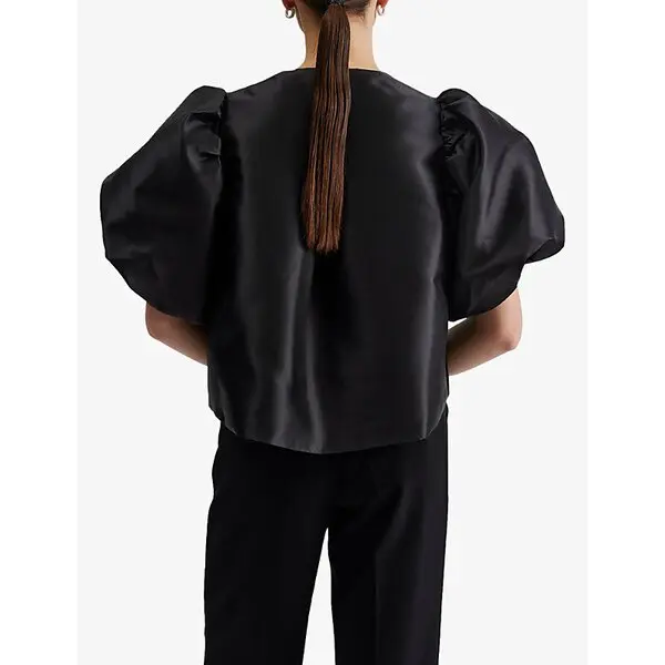 MALINA Cleo Balloon-sleeve Satin Blouse - Black