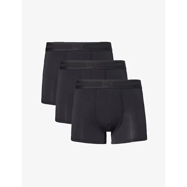 CHE Elasticated-waistband Pack Of Three Stretch-woven Trunks - Black