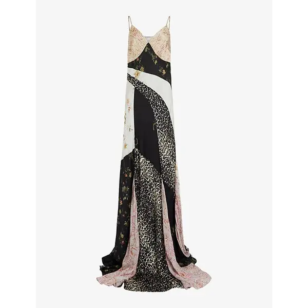 Allsaints Lili Tanana Mixed-Print Recycled-Polyester Maxi Dress -  Black/Pink | Editorialist