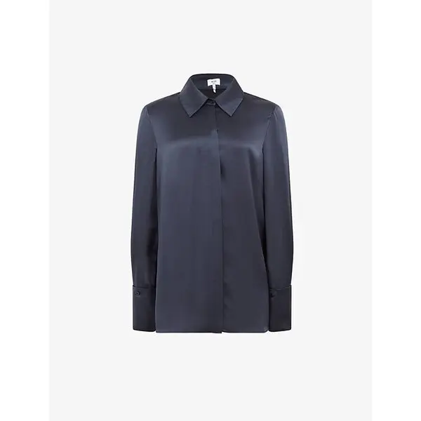 REISS Hailey Point-collar Silk Shirt - Navy