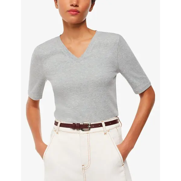 Whistles V-neck Ribbed Stretch-knit Top